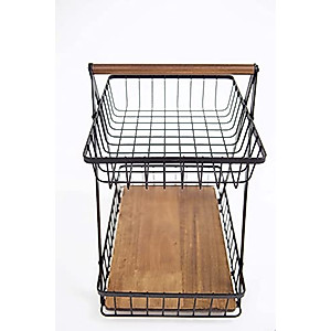 Emerson Ergonomics 2-Tier Large Fruit Basket || Wood Metal Bread Basket || Kitchen Countertop Fruit Bowl