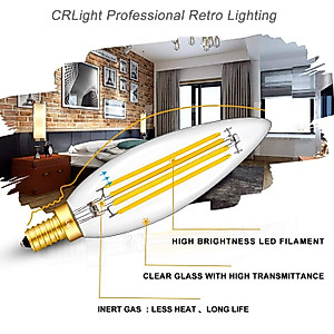 CRLight 8W Smooth Dimmable LED Candelabra Bulb, 3000K Soft White 800 LM 80W Incandescent Equivalent, E12 LED Filament Candle Bulbs, Large Size B11 Clear Torpedo Shape, 6 Pack