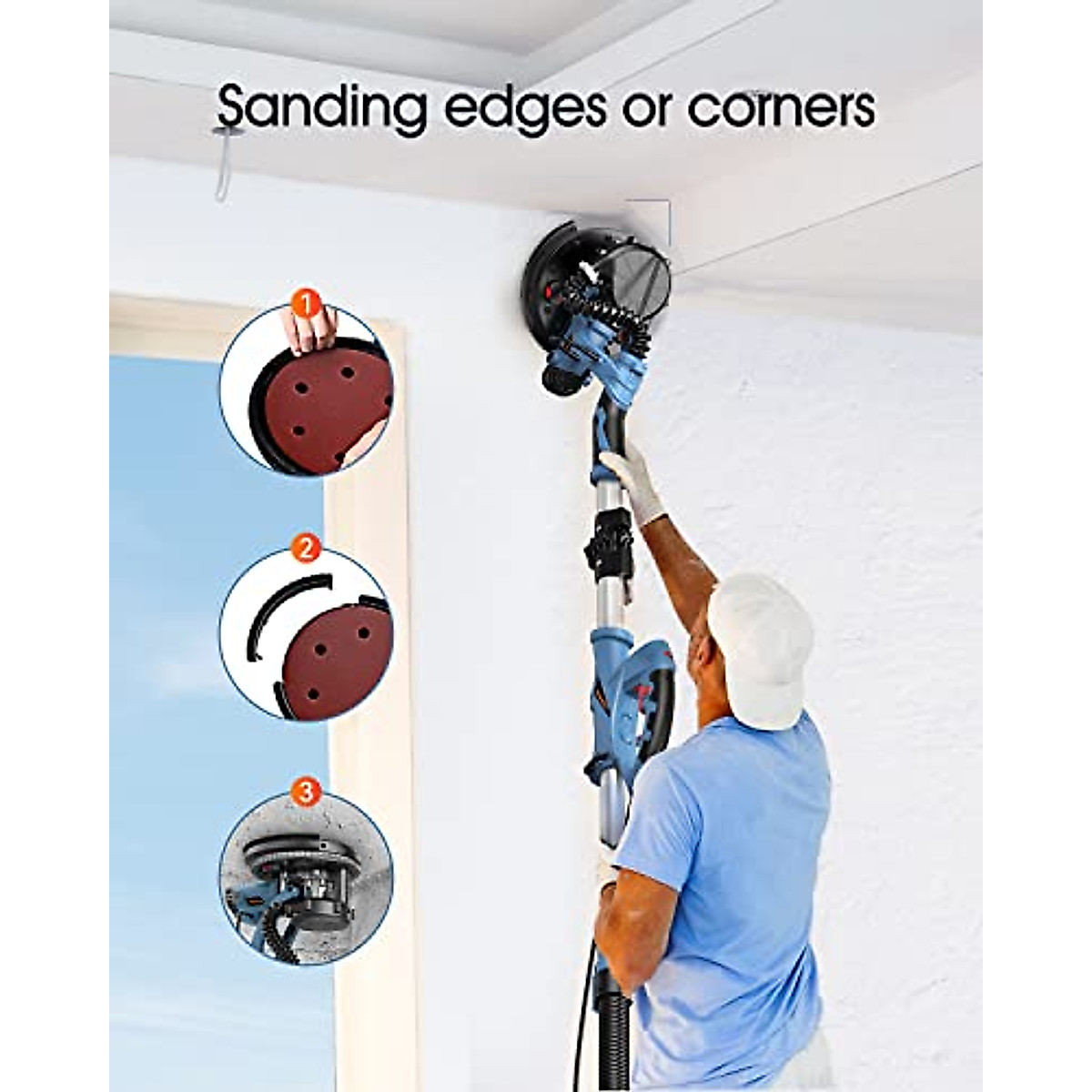 Handife Drywall Sander 800W 7A with Vacuum Auto Dust Collection, Variable Speed 800-1800RPM Power Double-Deck LED Lights, Extendable Handle, Carrying Bag Blue