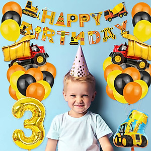 Refasy Birthday Party Decorations for Kids,Dump Truck Party Decorations Kits Construction Birthday Party Supplies Foil Balloons,Banner,Cake Toppers for 3 Year Olds Birthday Party