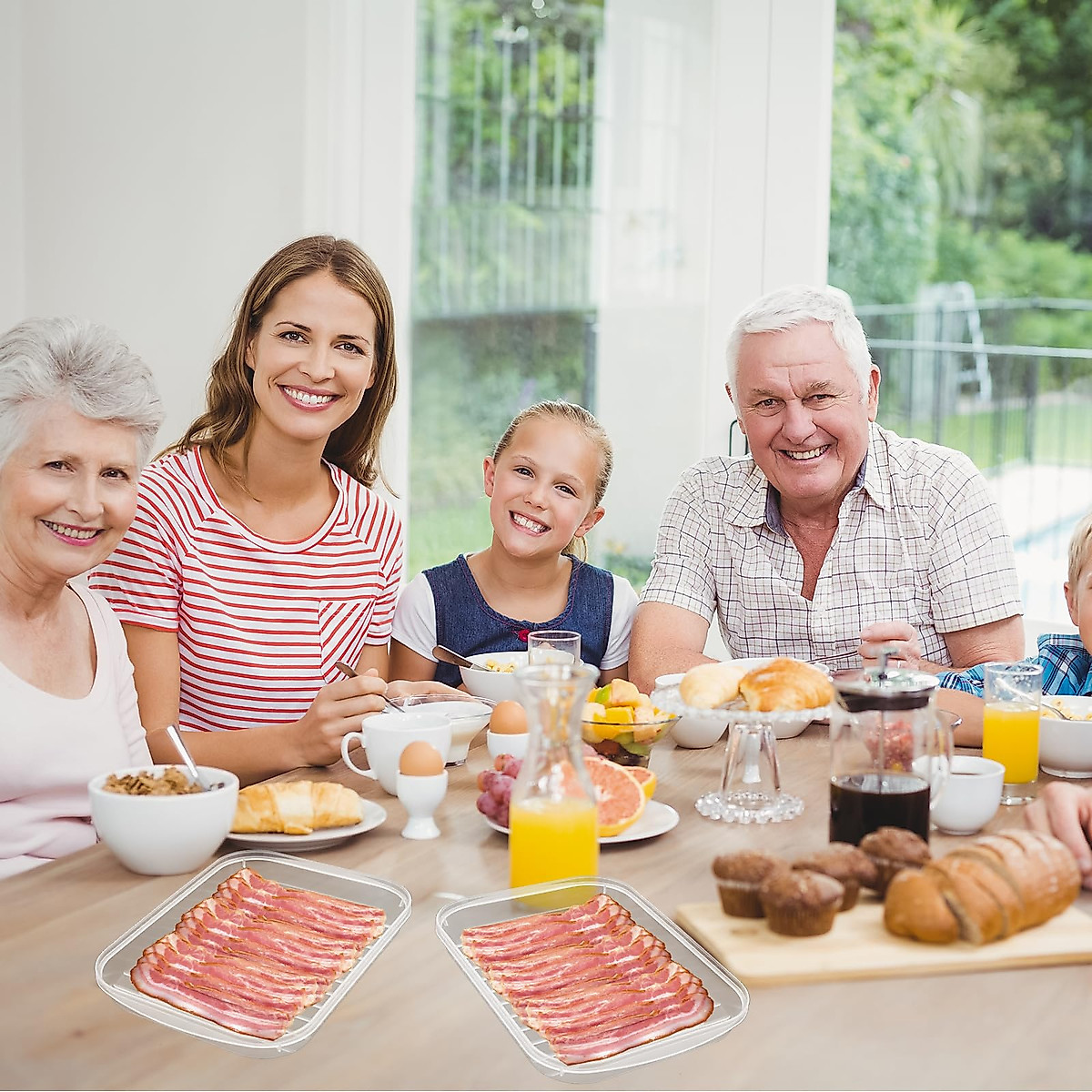 WOPPLXY 6 Pack Bacon Keeper, Plastic Deli Meat Container with Lids, Airtight Cold Cuts Storage Containers for Fridge Storage Box Food Shallow Low Profile Bacon Holder with 3 Pcs Buffet Serving Tongs