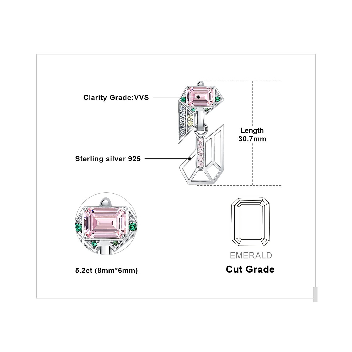 JewelryPalace Emerald Cut 6.3ct Pink Cubic Zirconia Dangle Earrings for Women, Openable geometric 925 Sterling Silver 14k Gold Plated Earrings for Her, Art Deco Gemstones Jewelry Sets for Women