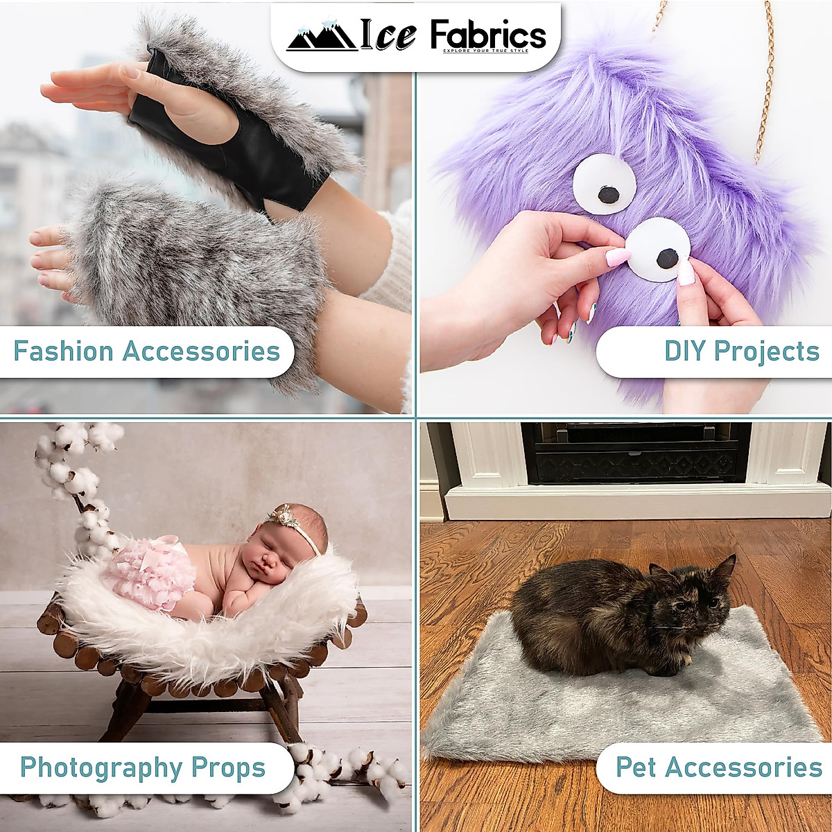 Ice Fabrics Faux Fur Fabric Squares - 10x10 Inches Pre-Cut Craft Fur Fabric - Shaggy Mohair Fabric for Costumes, Apparel, Rugs, Pillows, Decorations and More - White - 10"x10"