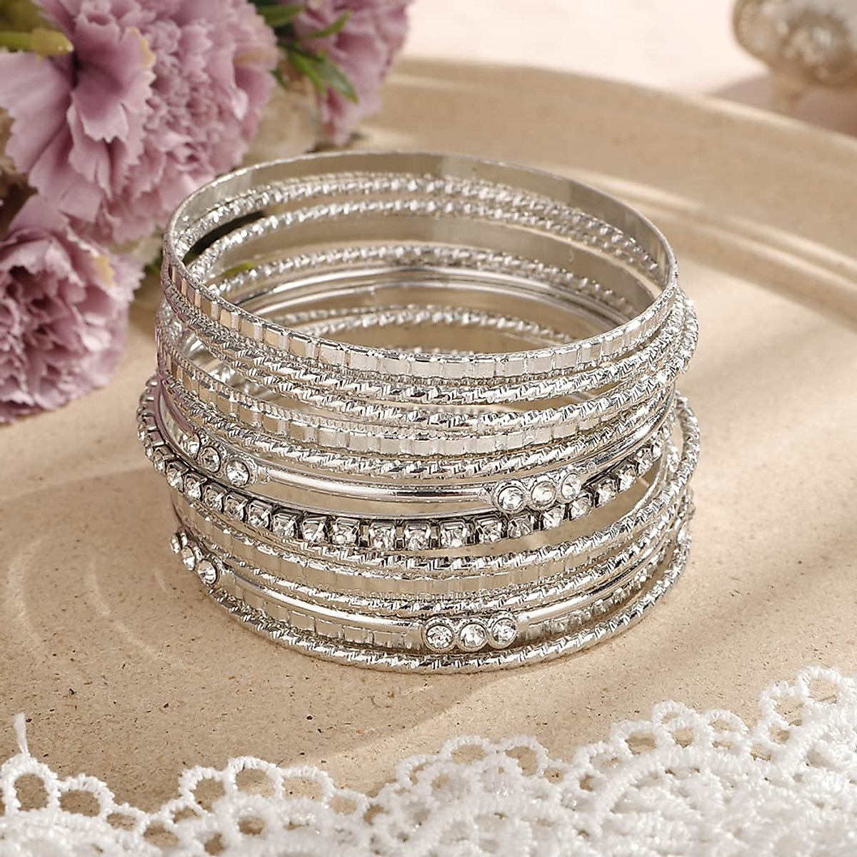 Rumtock 13pcs Boho Silver Bracelet Set for Women Girls Crystal Beads Stackable Bangle Hand Chain Punk Jewelry for Party