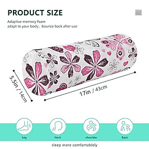 xigua Pink Butterfly Floral Neck Roll Pillow for Neck Relief with Removable Washable Cover - Memory Foam Round Cylinder Bolster, Ergonomically Designed for Head, Neck, Back, and Legs