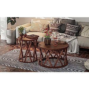 COZAYH Farmhouse Coffee Table, Rustic Round Coffee Table with X-Motifs Legs, Wood Textured Top, for Boho, French Country Decor, Brown