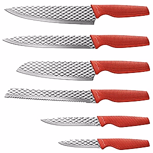 Luxury Kitchen Knife Block Set - with 6 Stainless Steel Knives, Chef Quality Utensils with Santoku, Paring, Carving, Utility, and Bread Knife Cutlery, Precision Sharp Blades, All-Purpose Use Red Set