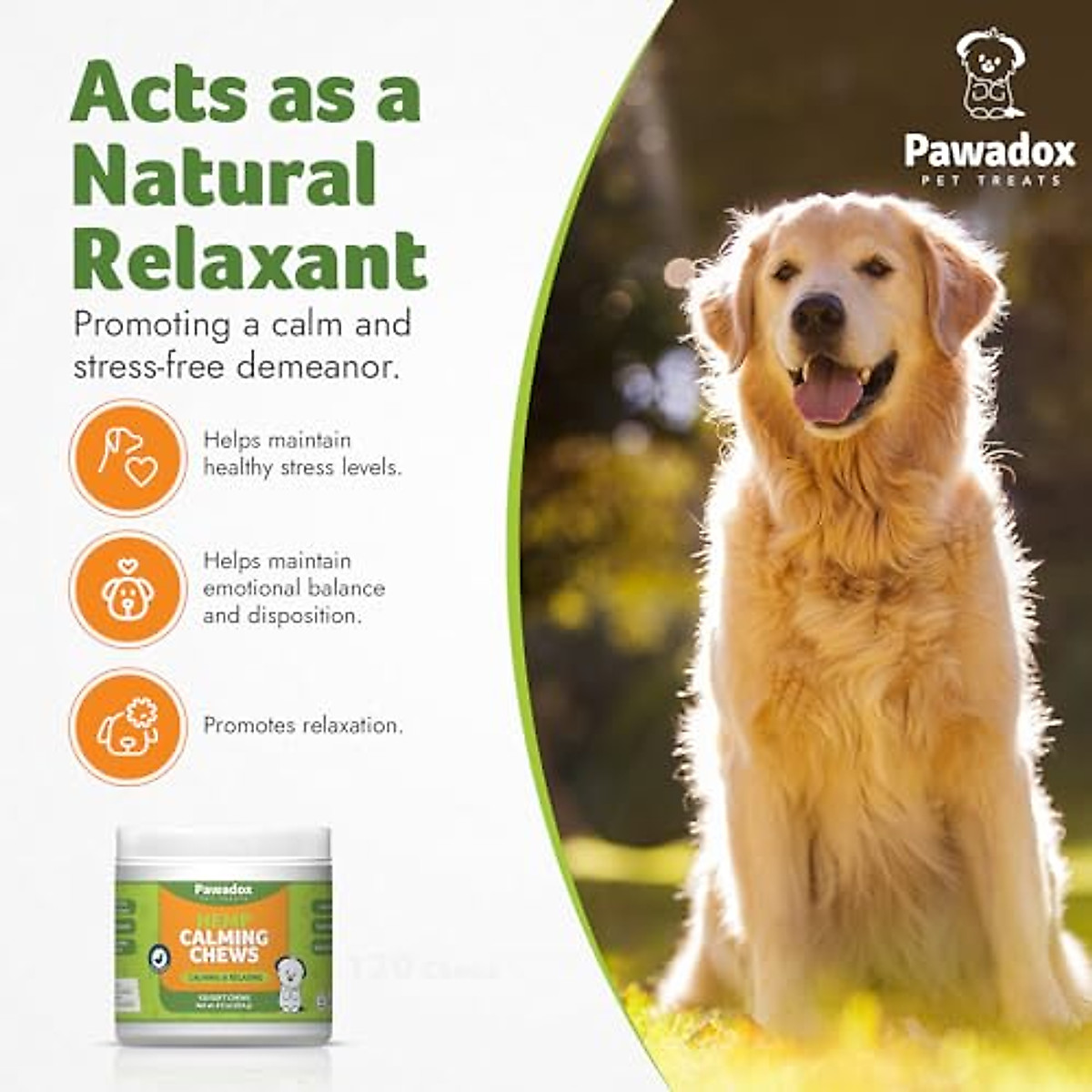 Pawadox - Hemp Calming Chews for Dogs, Easy to Digest, Made from Organic Hemp, Chamomile, Passion Flower for Dog Anxiety Relief, SQF Certified Facility, Tasty Duck Flavor - 120 Soft Chews