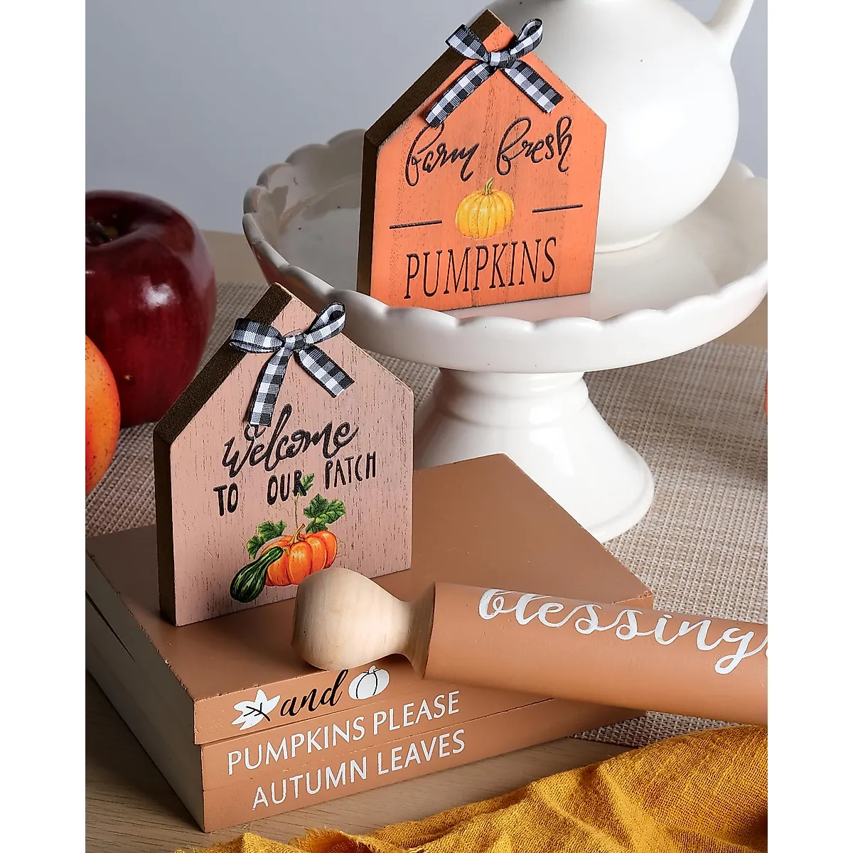 DN DECONATION 8 Pcs Fall Tiered Tray Decor Set,Fall Decorations for Home,Wooden Pumpkin Decoration, Thanksgiving Wooden Table Signs,Fall Book Stack Decor,Home, Table, Farmhouse, Gifts