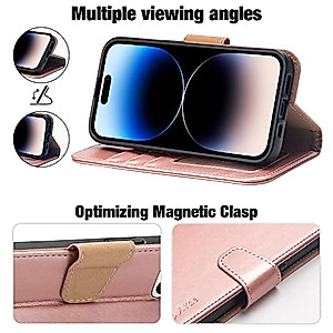 Arae Compatible with iPhone 14 Pro Case Wallet Flip Cover with Card Holder and Wrist Strap for iPhone 14 Pro 6.1 inch-Rose Gold