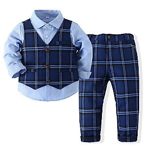PureMilk Infant Tuxedo Long Sleeve Dress Suit Shirt + Blue Plaid Vest + Plaid Pants 3PCS Clothes Sets for Baby Boy Blue 12-18M
