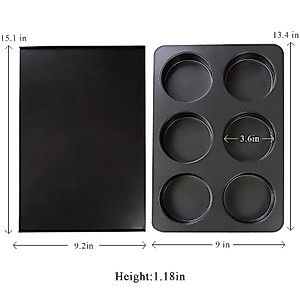Elesinsoz 6 Cup Straight Side Jumbo English Muffin Cupcake Pan with Lid Hamburger Burger Bun Egg Sandwich Frittata Cinnamon Roll Focaccia Quiche Pancake Nonstick Baking Tin Tray Mold