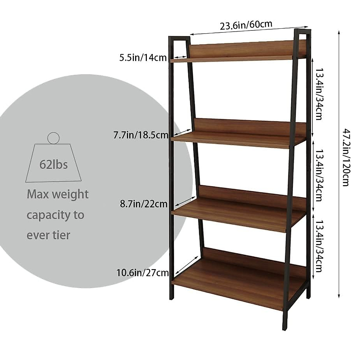 Bookshelf 4-Tier, 23.5inch Ladder Shelf, Industrial Bookcases, Etagere Utility Organizer Shelves, Small Freestanding Display Shelves with Metal Frame for Bedroom, Living Room, Plant, Brown