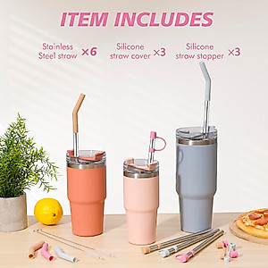 Jetstop 6 Straws with Cover for Stanley Tumbler - Reusable Stainless steel Metal with Silicone Stopper, Perfect for Stanley 40oz Accessories (12 Inch 3 Straight + 3 Bent Straws Fit 40oz)