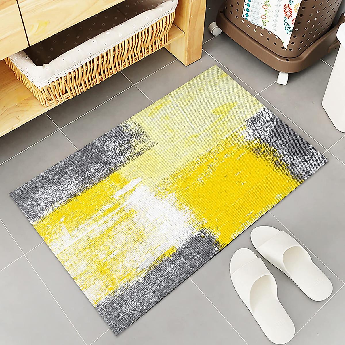 Kitchen Rugs and Mats Non-Slip Cushioned Anti-Fatigue Kitchen Rug with Runner Set of 2, Yellow Gray Modern Abstract Art Painting Graffiti Design Kitchen Mats for Floor 15.7x23.6inch+15.7x47.2inch