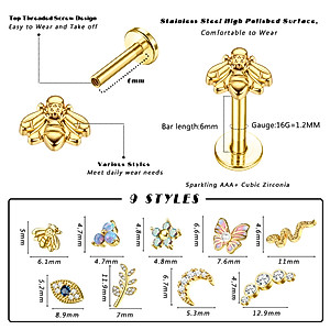 FUNRUN JEWELRY 9Pcs 16G Cartilage Stud Earring for Women Stainless Steel Top Screw Flat Back Earrings Butterfly Moon Flower CZ Cartilage Earrings Helix Tragus Piercing Jewelry, Length: 6MM, Metal,