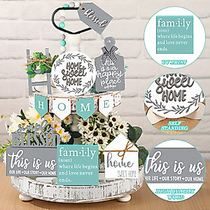 FairySandy 11 Pcs Farmhouse Tiered Tray Decor Home Wood Sign Rustic Simply Blessed Wooden Beads Tiered Tray Decorations Set for Home Kitchen Table