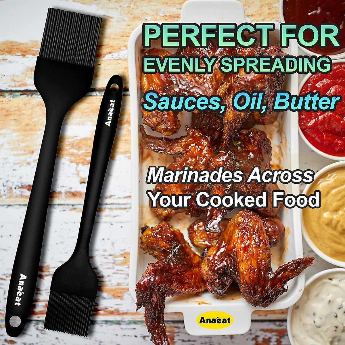Anaeat 2 Pack Silicone Basting Pastry Brushes - Heat Resistant Brush with Soft Bristles, Hygienic One Piece Design, Marinade Brush Great in Baking for Spreading Oil Butter Sauce BBQ Grill (Black)