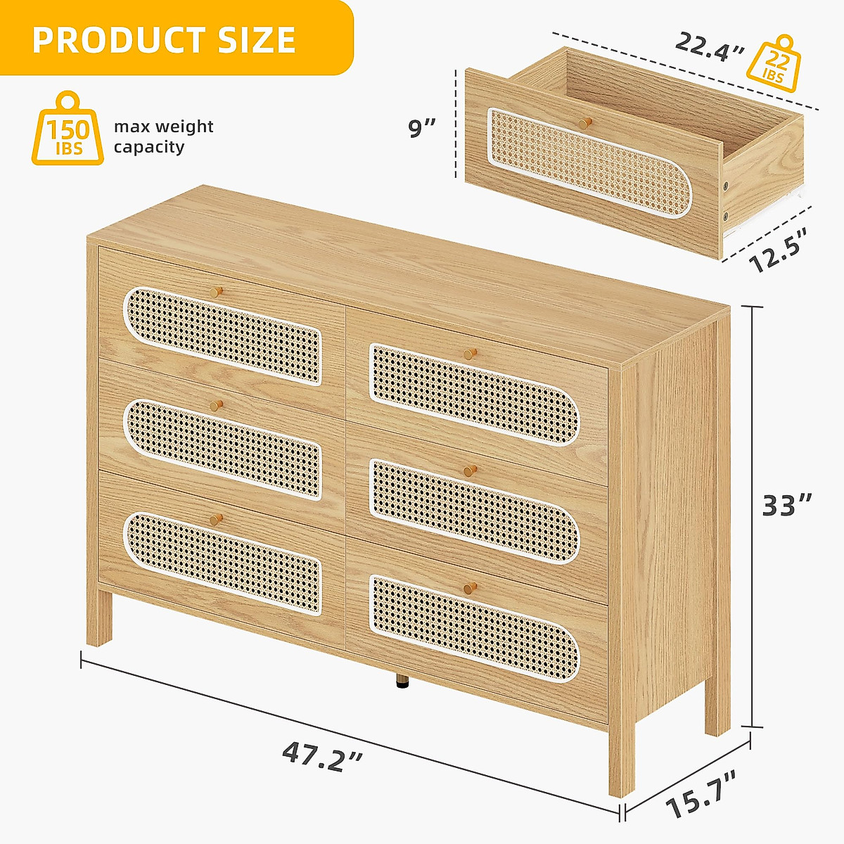 DWVO Natural Rattan 6 Drawer Dressers - Oak Wooden Dresser Chest of Drawers with Golden Handles - Modern Large Closet Boho Dressers Storage Cabinet for Living Room/Hallway/Entryway