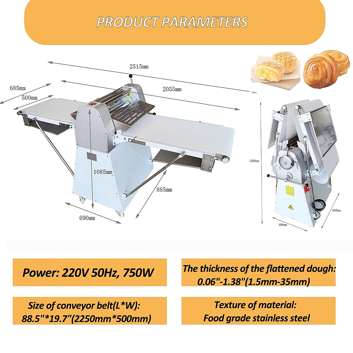 HayWHNKN Dough Sheeter Commercial Pizza Dough Roller Sheeter 20'' Reversible Foldable Dough Sheeter 0.06''-1.4'' Thickness Pasta Machine Croissant Pastry Danish Puff Pastry Bakery Roller 220V