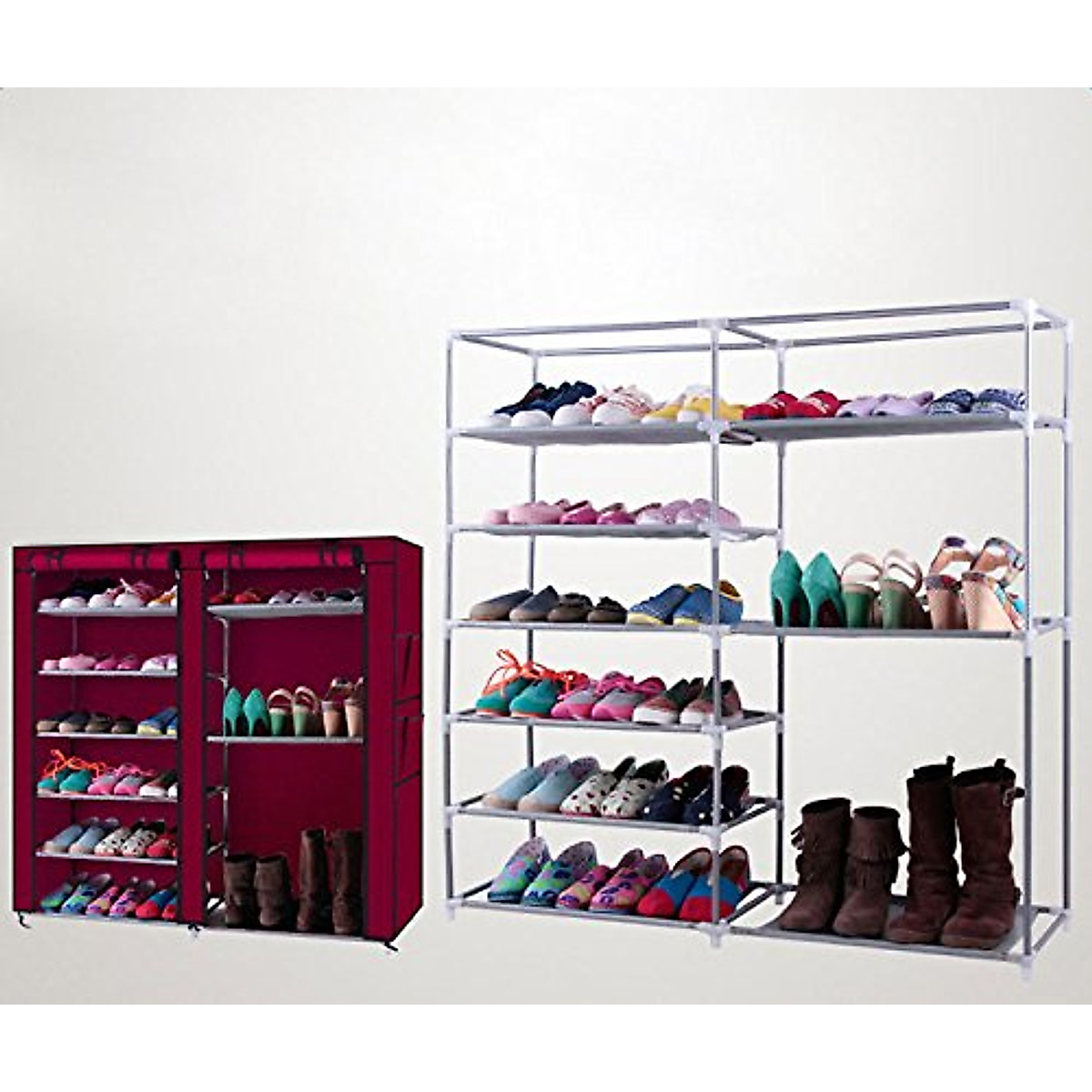 6 Tier Shoe Rack with Dustproof Cover, 27 Pairs Portable Vertical Double Row Shoe Rack Storage Organizer with Nonwoven Fabric Cover Cabinet for Closet & Entryway, Wine Red