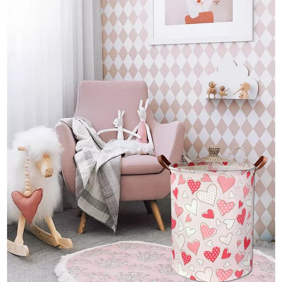 DDBASKET Kids Laundry Basket Baby Hamper Pink Toy Storage Bin Organizer with Handles for Girls,Nursery Hamper(Pink Loves)