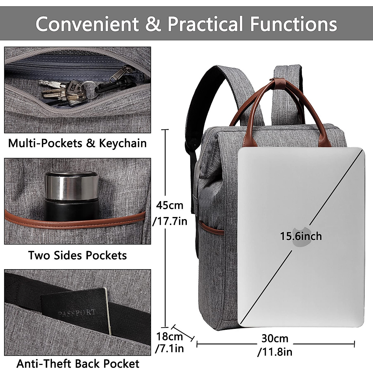 Laptop Backpack for Women, Kasqo 15.6 Inch Teacher Backpack Nurse Bags Work Backpack Purse Waterproof Anti-Theft Travel Backpack with USB Charging Port, Grey