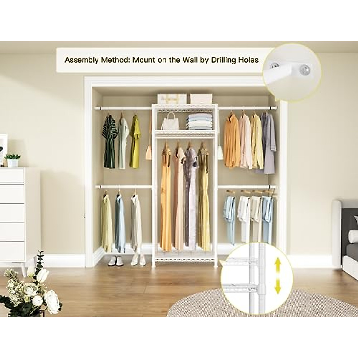 Ulif M3 Clothes Rack Closet Organizer and Storage System 3 Tiers Built-in Wall Mounted Heavy Duty Garment Rack with 4 Expandable Hanger Rods, Fits Space 4.3-9.3 ft, 72.2"H, Load Capacity 710LBS, White