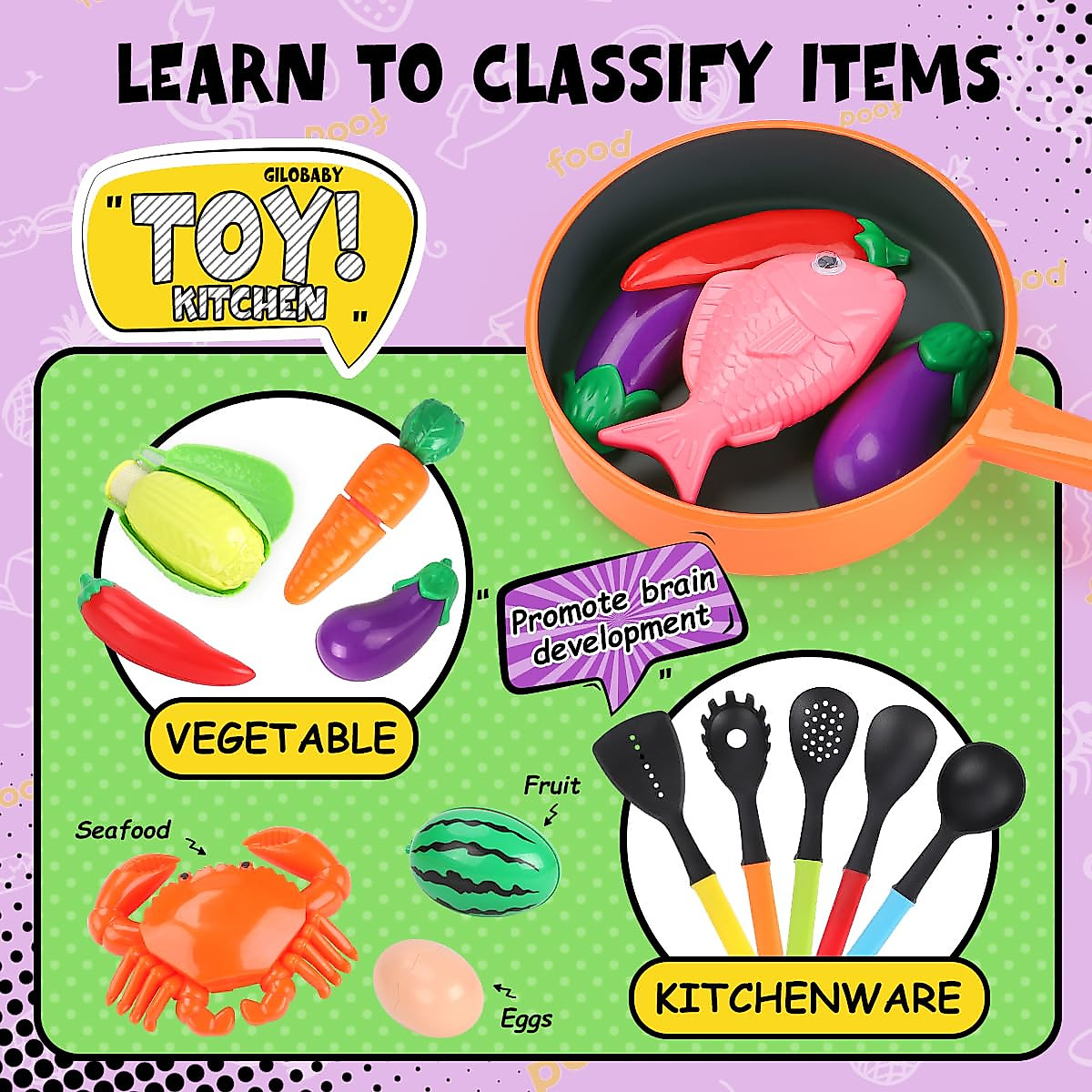 GILOBABY Play Kitchen Accessories, Play Food Sets for Kids Kitchen Playset with Pots and Pans Set, Cooking Utensils, Preschool Learning Education Toys for Toddlers, Birthday Gifts for Girls (Red)