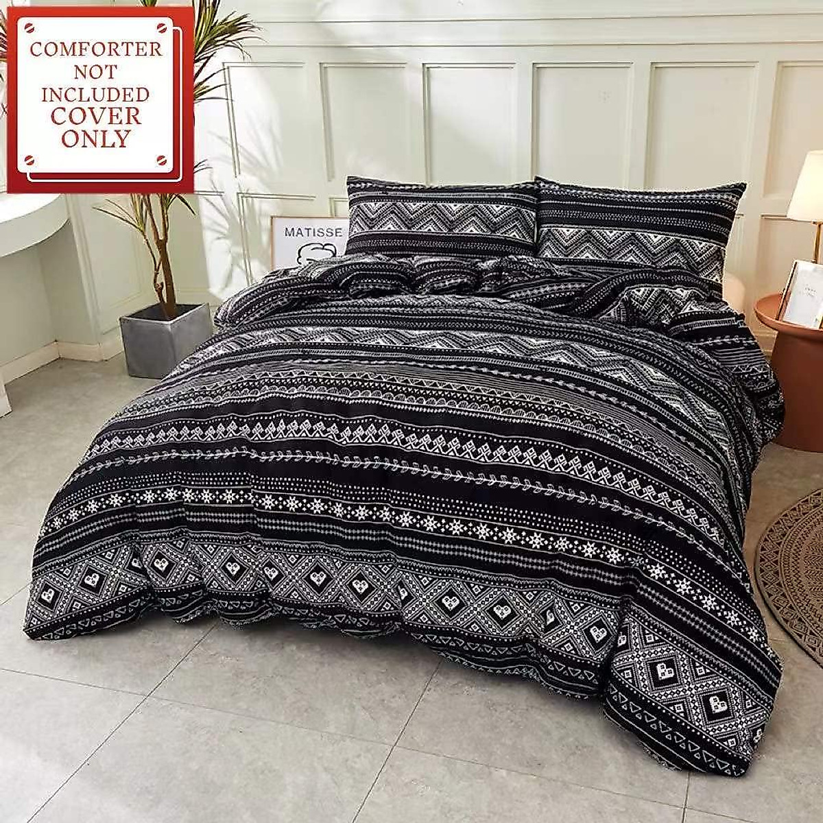 Lightweight Hotel Luxury Duvet Cover 3 Piece Set - Boho Black with White Geometry Ultra Soft Premium Microfiber Breathable Comforter Cover with Zipper Closure, Corner Ties King (104x90 inches)