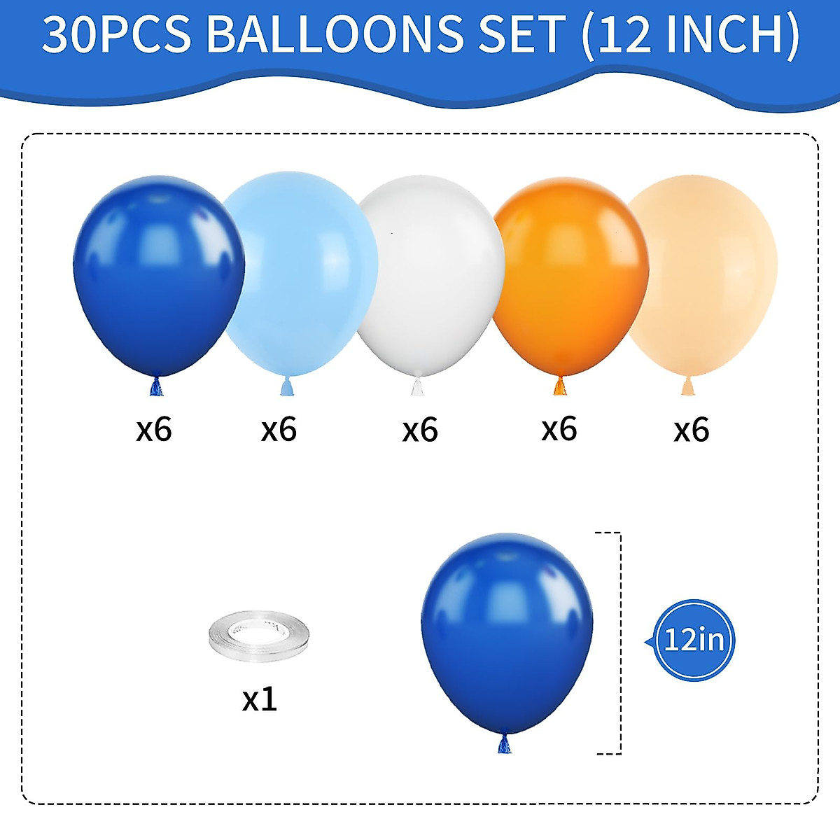 Orange and Blue Balloons, 12 Inch Orange White Blue Balloons Pastel Orange Royal Blue White Balloons with Ribbons for Birthday Baby Shower Graduation Engagement New Year Party Decorations