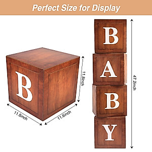 Wood Baby Shower Boxes Party Decorations - 4 Wood Grain Brown Blocks with Printed BABY Letters, Gender Reveal Backdrop,Teddy Bear Baby Shower Supplies, First Birthday Centerpiece Decor