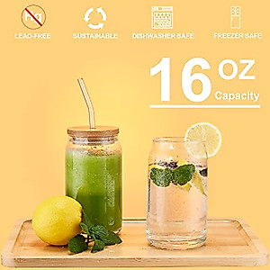 Weselljars 6pcs Glass Cups with Bamboo Lids Glass Straws and Tray, 16oz Beer Glasses Can Shaped Glass Cups, Tumbler Glass Cup for Iced Tea, Cocktail, Whiskey, Coffee, Wine and Water