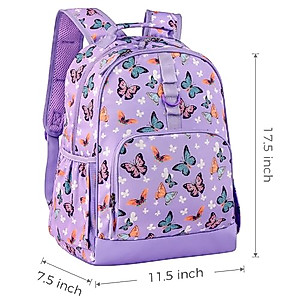 Choco Mocha Butterfly Backpack for Girls, Kids School Backpacks Girls Backpacks Ages 6-8, Kindergarten Bookbag Girl Elementary School Bag 17 Inch, Purple