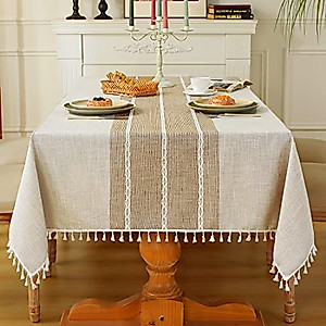 Laolitou Rustic Cotton Linen Table Cloth,Tablecloths for 6 Foot Rectangle Tables,Waterproof Washable Tablecloth with Tassel Rectangle/Oblong, 55''x 86'', 6-8 Seats