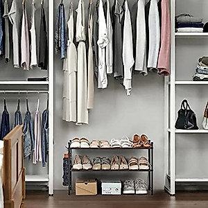 smusei 2 Tier Shoe Rack for Closet Freestanding Sturdy Fabric Shoe Rack Entryway Storage Organizer Shelf with 2 Metal Hooks, Door, Dorm Room, Bronze