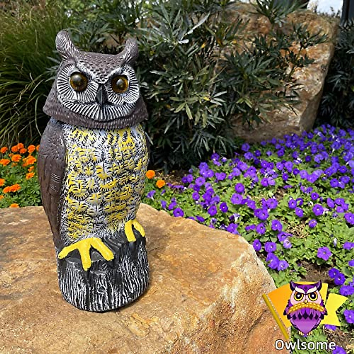 Owlsome Solar Owl with Flashing Eyes, Rotating Head, Hoot Sound, Motion Detector and Silent Mode, Plastic Owl Garden Sculpture, Garden Decoration
