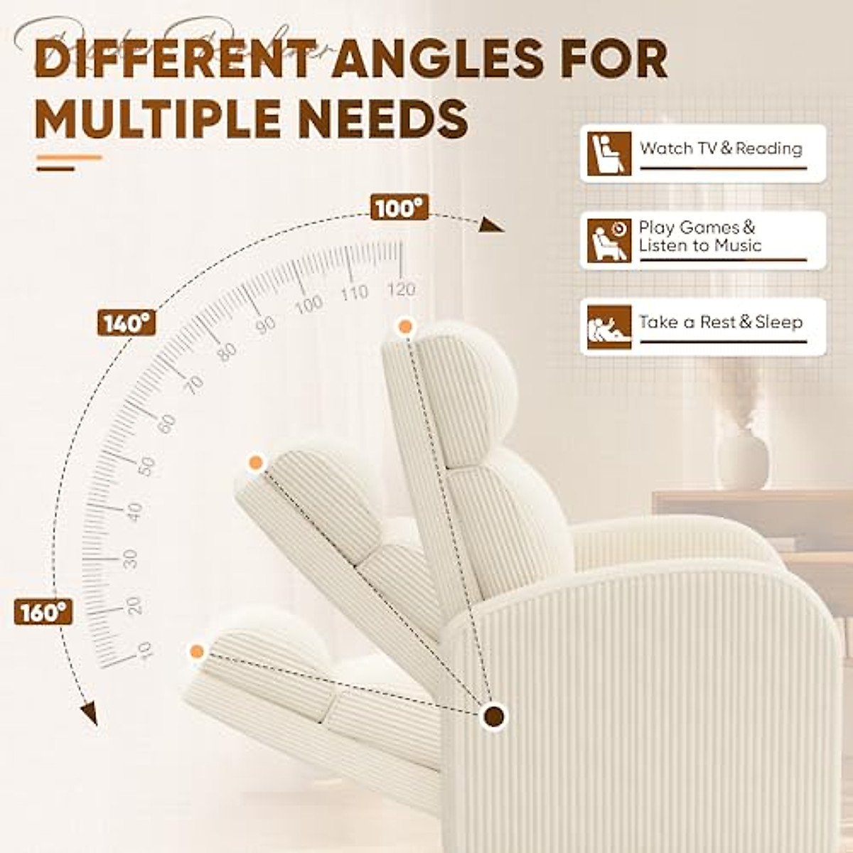 YESHOMY Recliner Chair for Adults, Adjustable Modern Single Sofa with Padded Seat Backrest for Living Room, with Lumbar Support, Beige