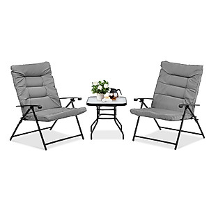 Brightpeak 3 Pcs Patio Folding Bistro Set, Outdoor Metal Adjustable Recliner Furniture Set, 2 Foldable Padded Chairs and Coffee Bistro Table Set for Balcony, Backyard, Porch (Grey)