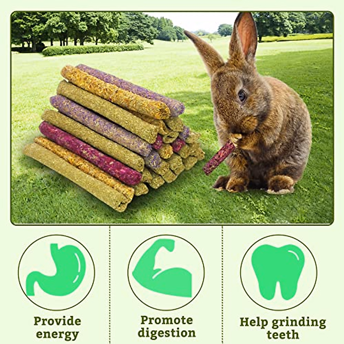 Fhiny 68 PCS Rabbit Chew Sticks, Natural Petals Timothy Hay Sticks Guinea Pig Chewing Toys for Teeth Small Animals Molar Snacks for Bunny Guinea Pig Chinchilla Hamster