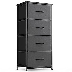 FEZIBO 4 Drawer Fabric Dresser Storage Tower, Organizer Unit for Bedroom, Closet, Entryway, Hallway -Steel Frame, Wood Top, Easy Pull Handle, Black Grey