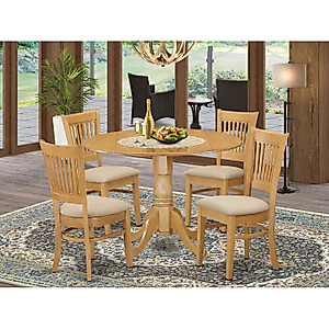 East West Furniture Dublin 5 Piece Kitchen Set Includes a Round Dining Room Table with Dropleaf and 4 Linen Fabric Upholstered Chairs, 42x42 Inch, DLVA5-OAK-C