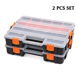 EMENTOL 2PCS Toolbox Organizer Sets, 20 Removable Dividers, Durable Plastic Box, Excellent for Screws, Nuts, Small Parts, 34-Compartment, Black/Orange, 2 Pieces Set