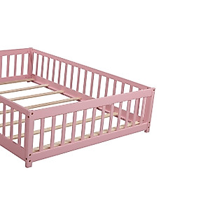 Harper & Bright Designs Full Size Floor Bed Montessori Bed Frame with Fence and Door, Wooden Full Platform Bed for Kids, Boys Girls, Slats Included, No Box Spring Needed (Full, Pink)