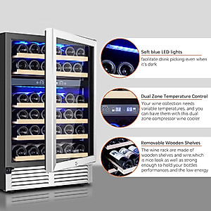 BODEGA Upgraded 24 Inch Wine Cooler Refrigerator 46 Bottle Dual Zone Wine Fridge with Double-Layer Tempered Glass Door and Temperature Memory Function,Built-in or Freestanding