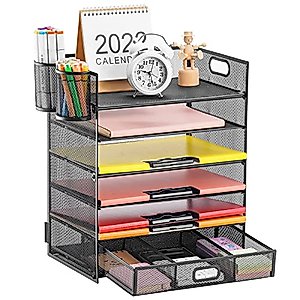 Lavatino 6 Tray Desk Organizer with Drawer, Mesh Paper Letter Tray Organizer with Handle and 2 Pen Holder, Desktop File Organizer and Storage for Letter/A4 Office File Folder