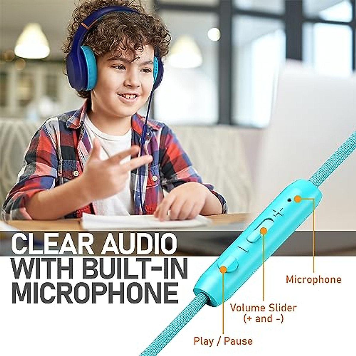 FosPower Kids Headphones (Safe Volume Limit 85 dB), Childrens Headphones Over The Ear with Built-in Mic, 3.5mm Tangle-Free Cable for Boys/Girls/School - Mint/Pink