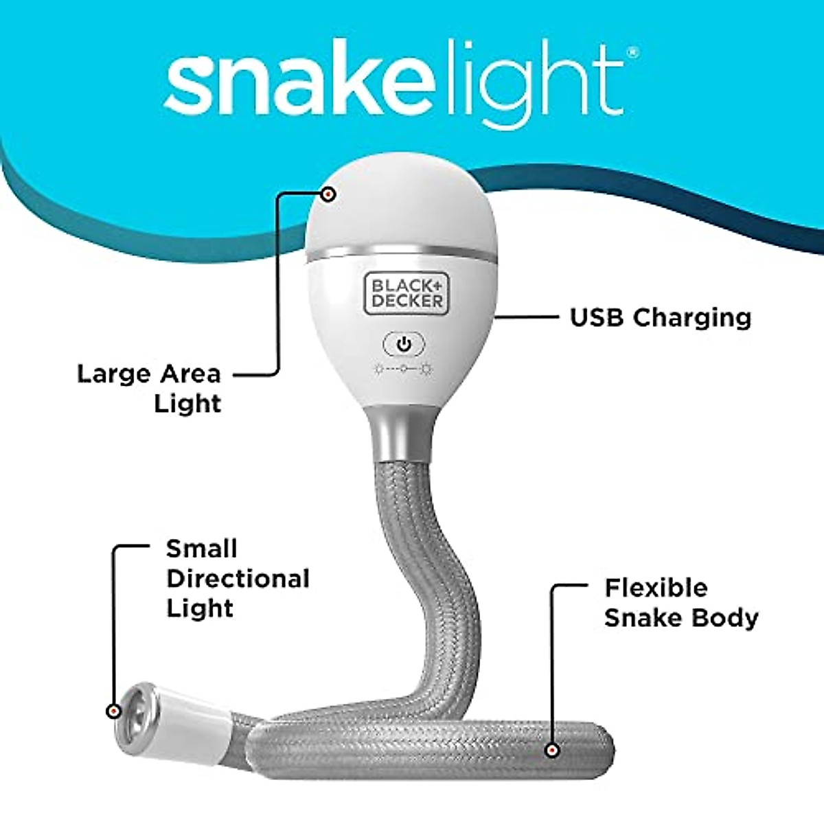 BLACK+DECKER Snake Light, Use for Book Light, Desk Light, and Work Light, 2 Settings, Flexible and Rechargeable (BDCFSL01)