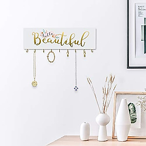 SANY DAYO HOME Hello Beautiful Wall Mount Necklace Holder Organizer with 9 Jewelry Hooks for Ring, Hair Bow, Headband, Purse - Wall Decor for Girls Room