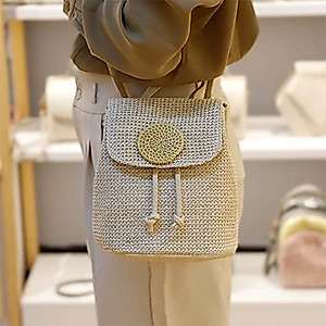 Liadreem Women's Straw Backpack Mini Shoulder Crossbody Bags Convertible Daypack Summer Beach Flap Drawstring Purse, Brown